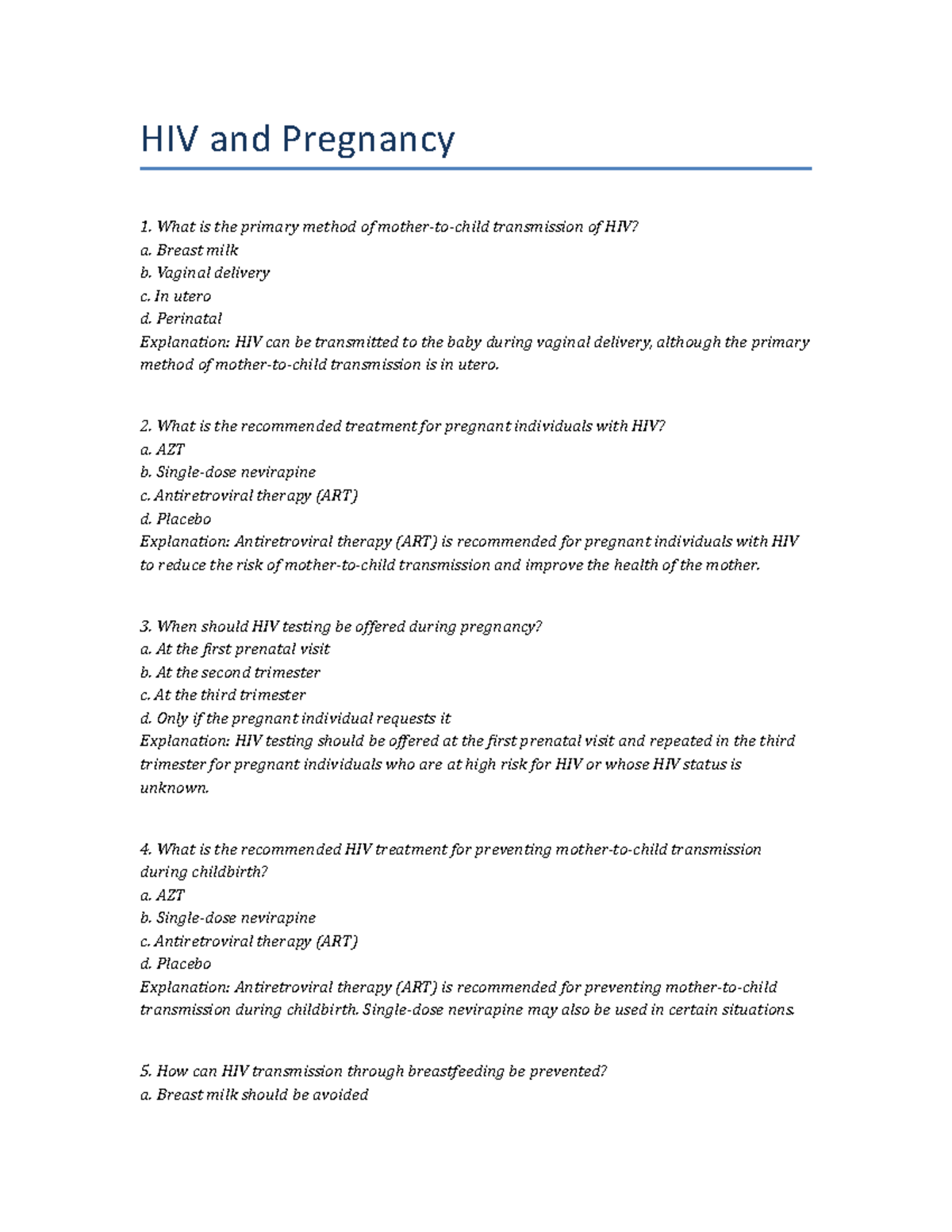 HIV and pregnancy in hiv prevention Multiple Choice Study Guide - HIV ...