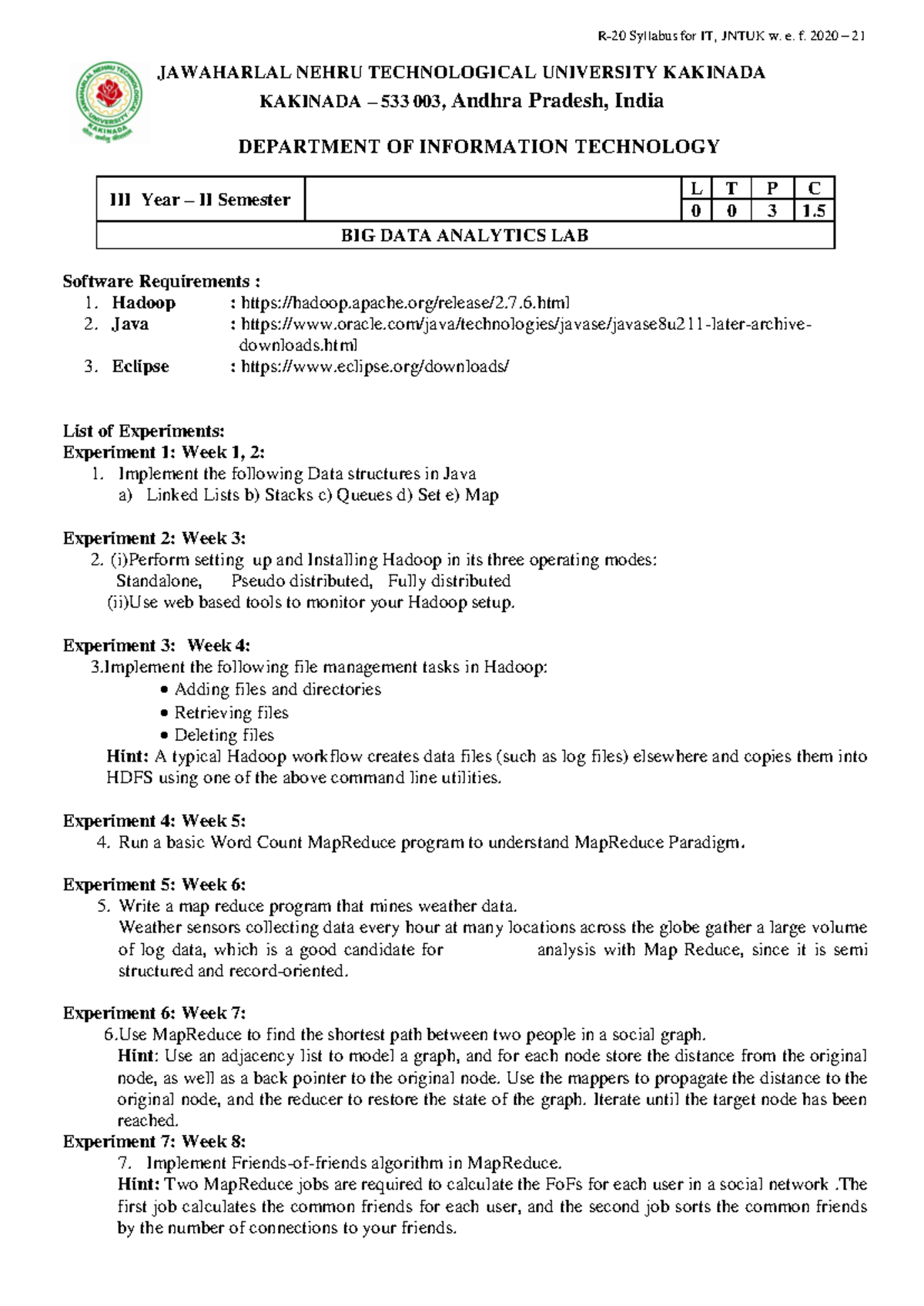 BDA LAB R20 21NM - ggchchc - R- 20 Syllabus for IT, JNTUK w. e. f. 2020 ...
