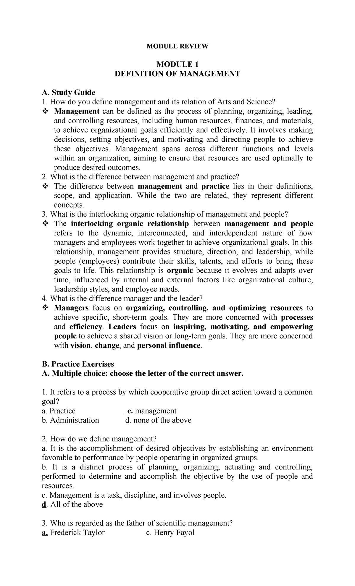 Principles and Theories ( Module Review 1) - MODULE REVIEW MODULE 1 DEFINITION OF MANAGEMENT A ...
