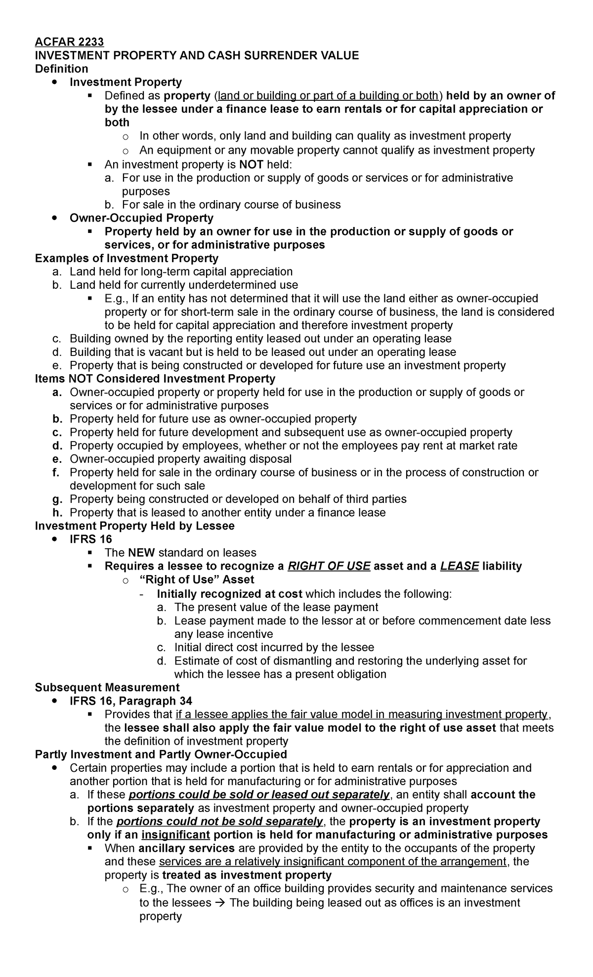 Investments & Cash Surrender Value Overview - ACFAR 2233 Lecture Notes ...