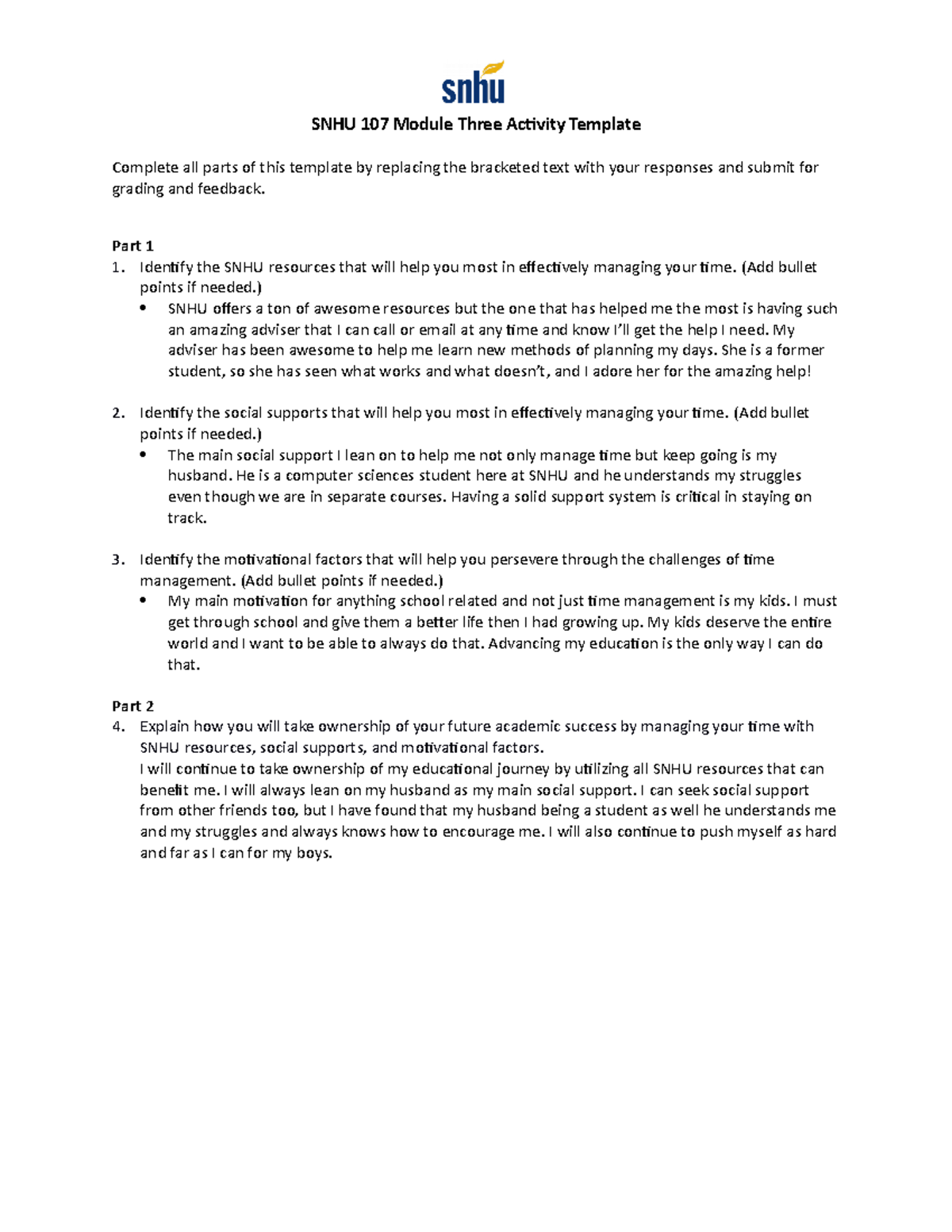 SNHU 107 Module Three Activity - Part 1 Identify the SNHU resources ...