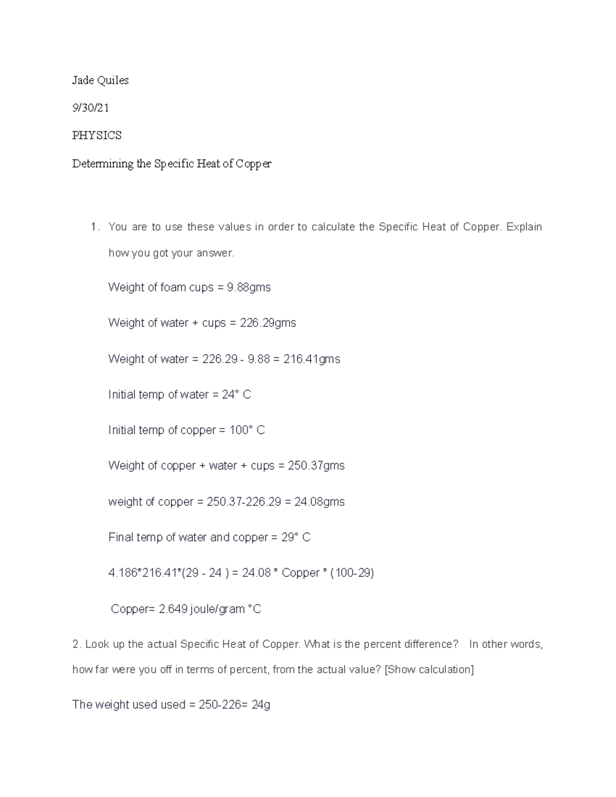 Determining The Specifc Heat Of Copper Jade Quiles 9 30 Physics Determining The Specific Heat
