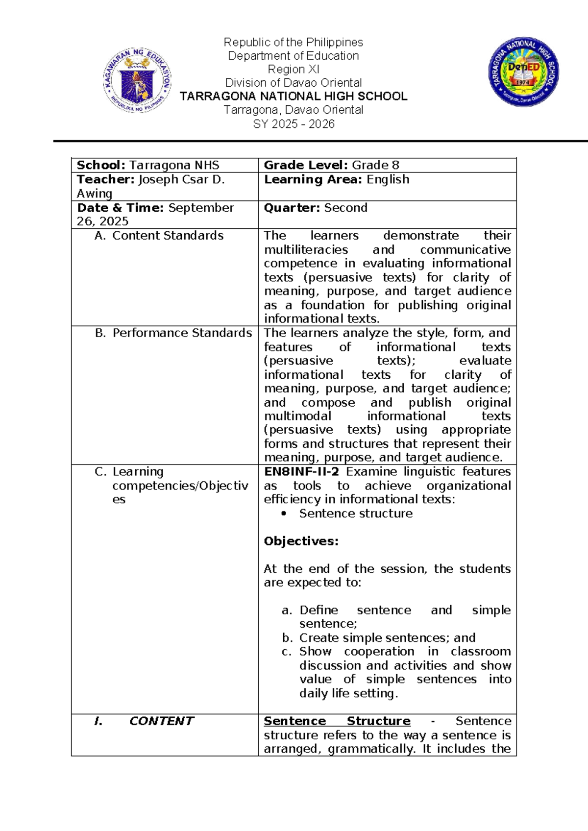 Grade 8 English Lesson Plan: Sentence Structure & Multiliteracies - Studocu