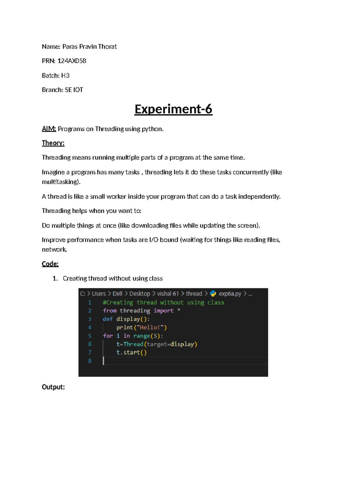 SE IOT AIM: Programs on Threading Using Python - Exp 6 - Studocu
