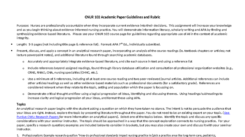 2025 CNUR 102 Analytical Paper Guidelines & Rubric - Studocu
