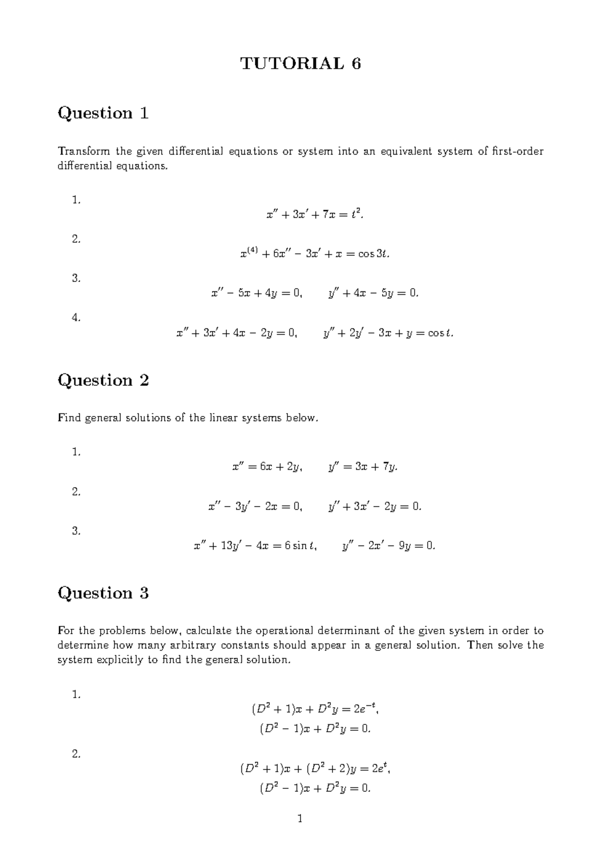 Tutorial 6 - Linear Systems: Differential Equations & Solutions - Studocu