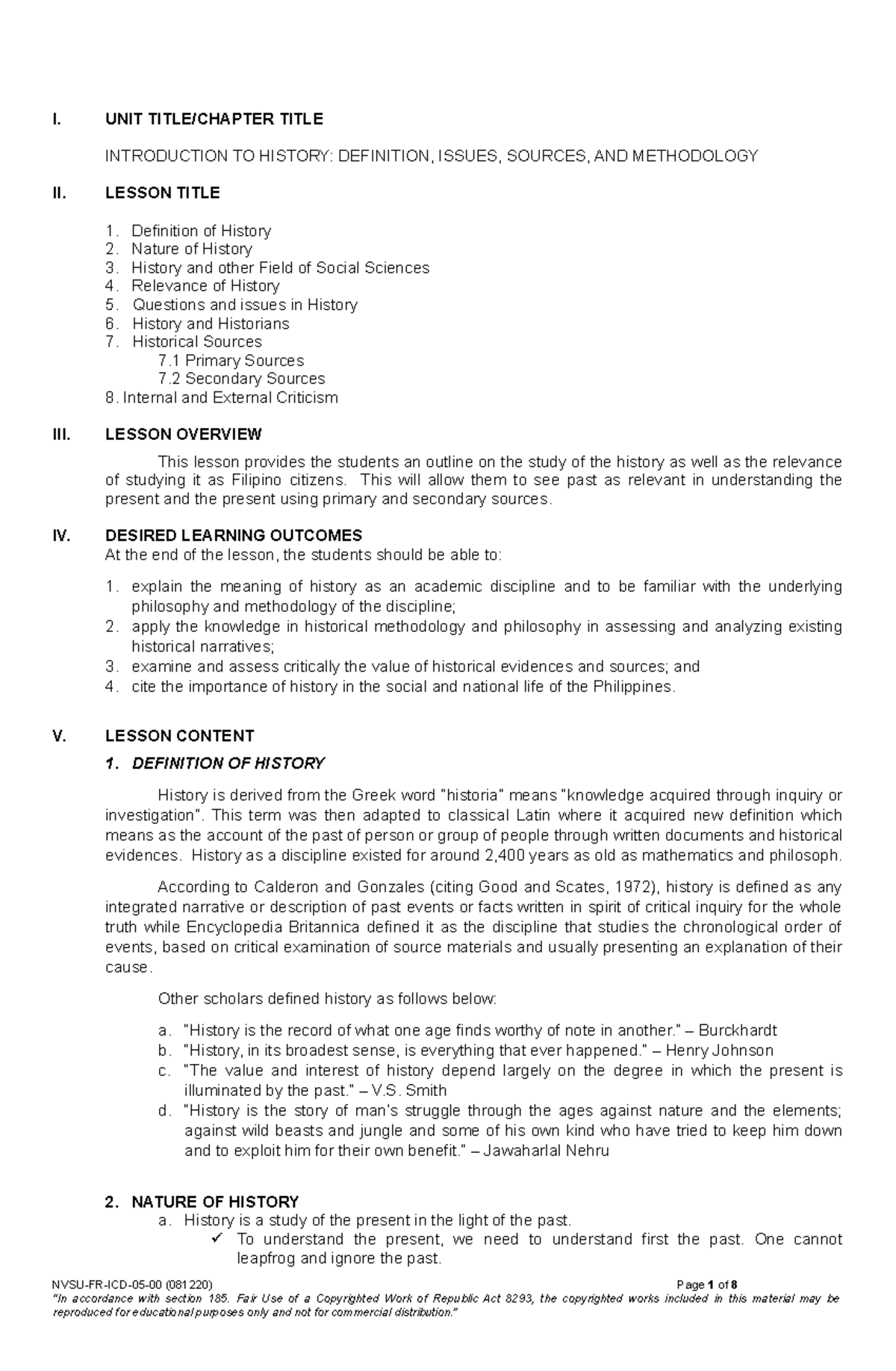 NVSU-FR-ICD-05-00: Intro to History - Definition, Sources, and ...