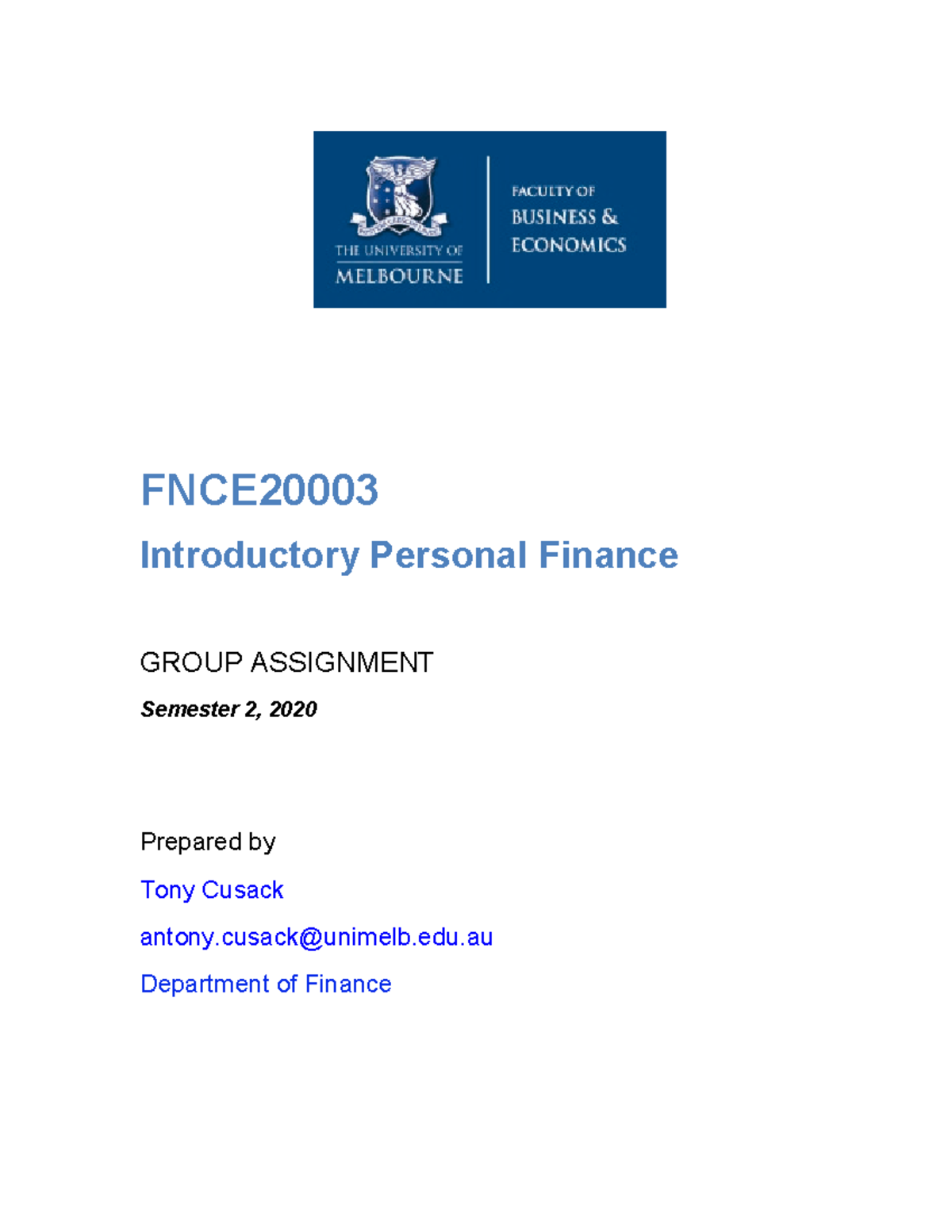 FNCE2000 3 Assignment 2020 - FNCE 20003 Introductory Personal Finance ...