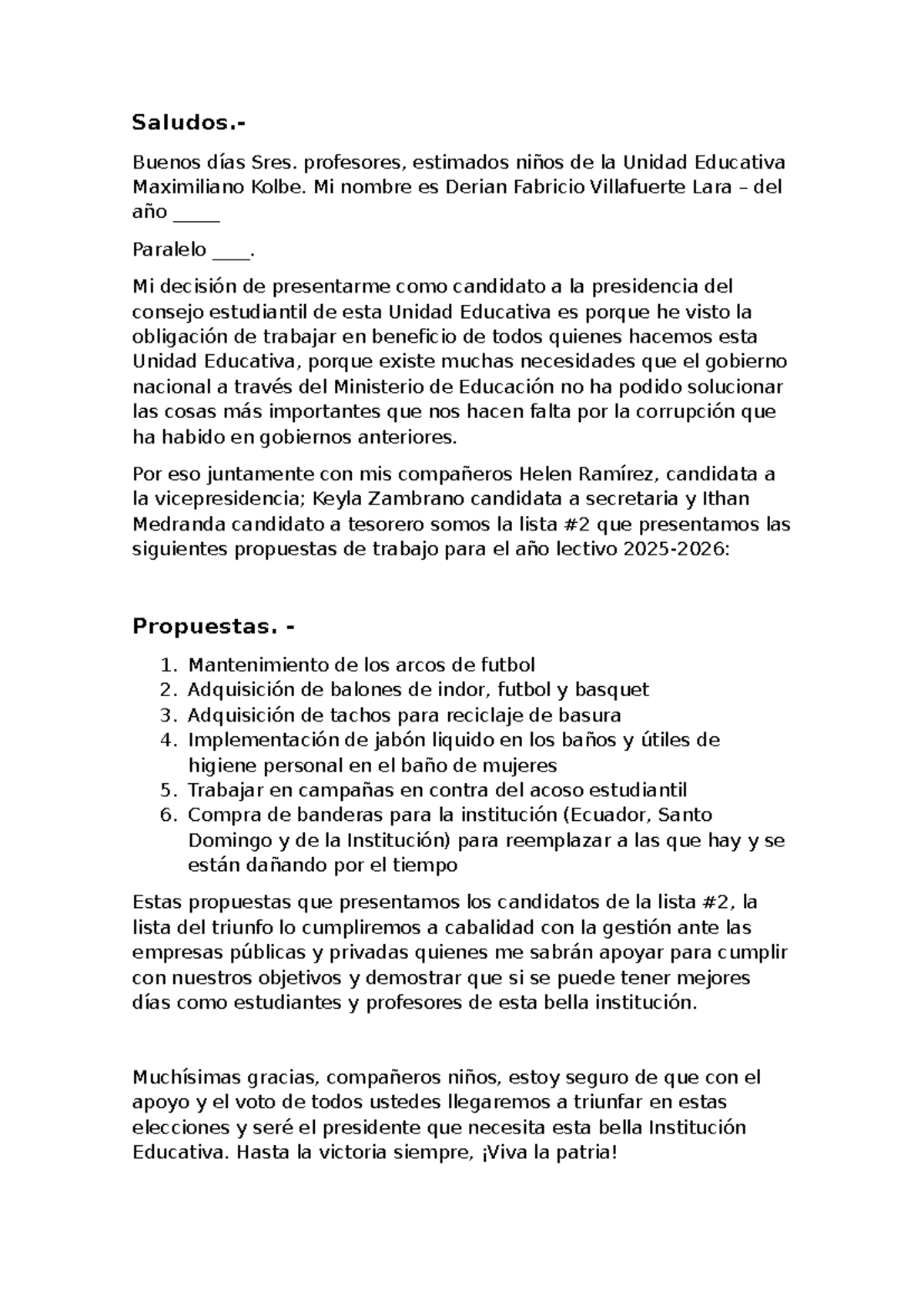 Carta de Candidatura a la Presidencia del Consejo Estudiantil - Studocu