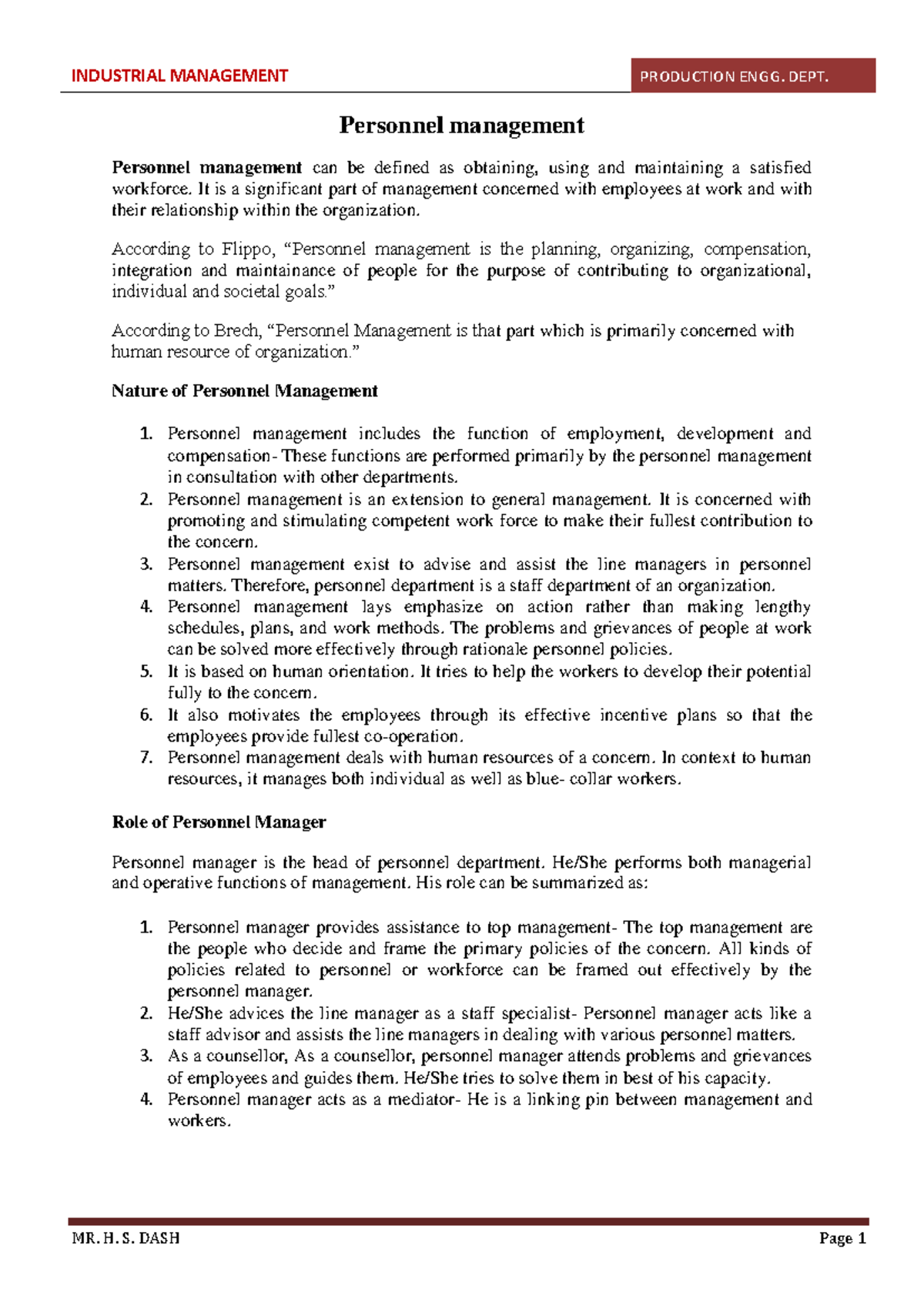 IM module-II - Industrial management detailed lecture notes - Personnel ...