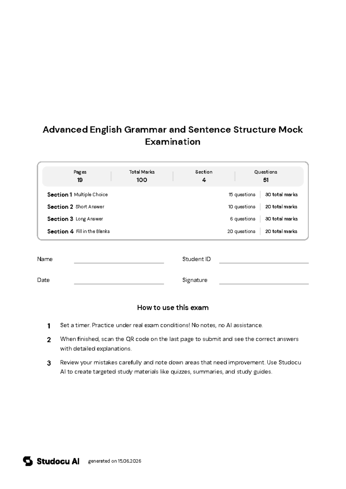 Advanced English Grammar Mock Exam - Studocu