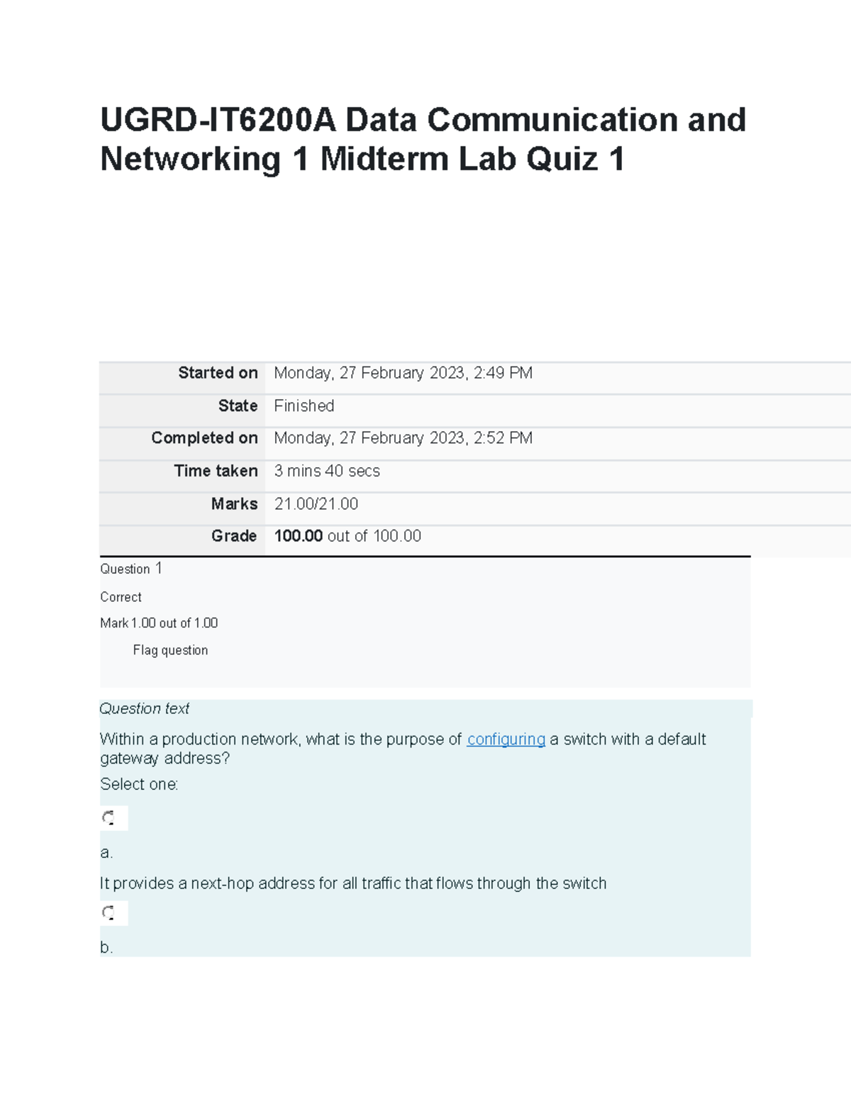 UGRD-IT6200A Data Communication and Networking 1 Midterm Lab Quiz 1 - Grade 100 out of 100 ...