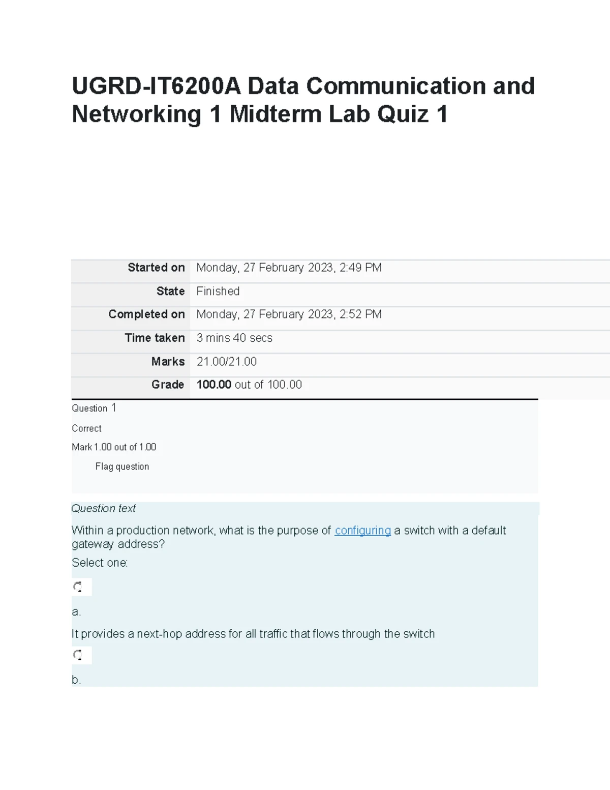 Ugrd It6200a Data Communication And Networking 1 Final Quiz 1 1 Ugrd