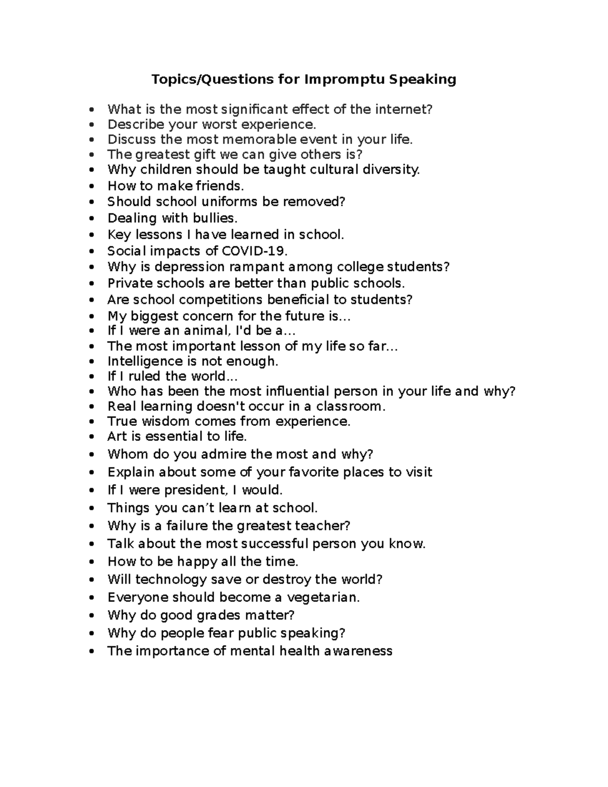 Impromptu Speaking Topics and Questions for Critical Thinking - Studocu