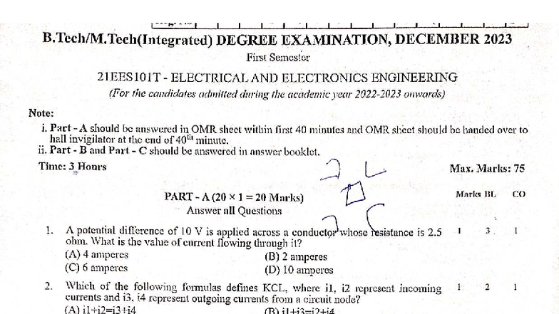 21EES101T - BEEE DEC 2023 DEGREE EXAMINATION QUESTION PAPER - Studocu