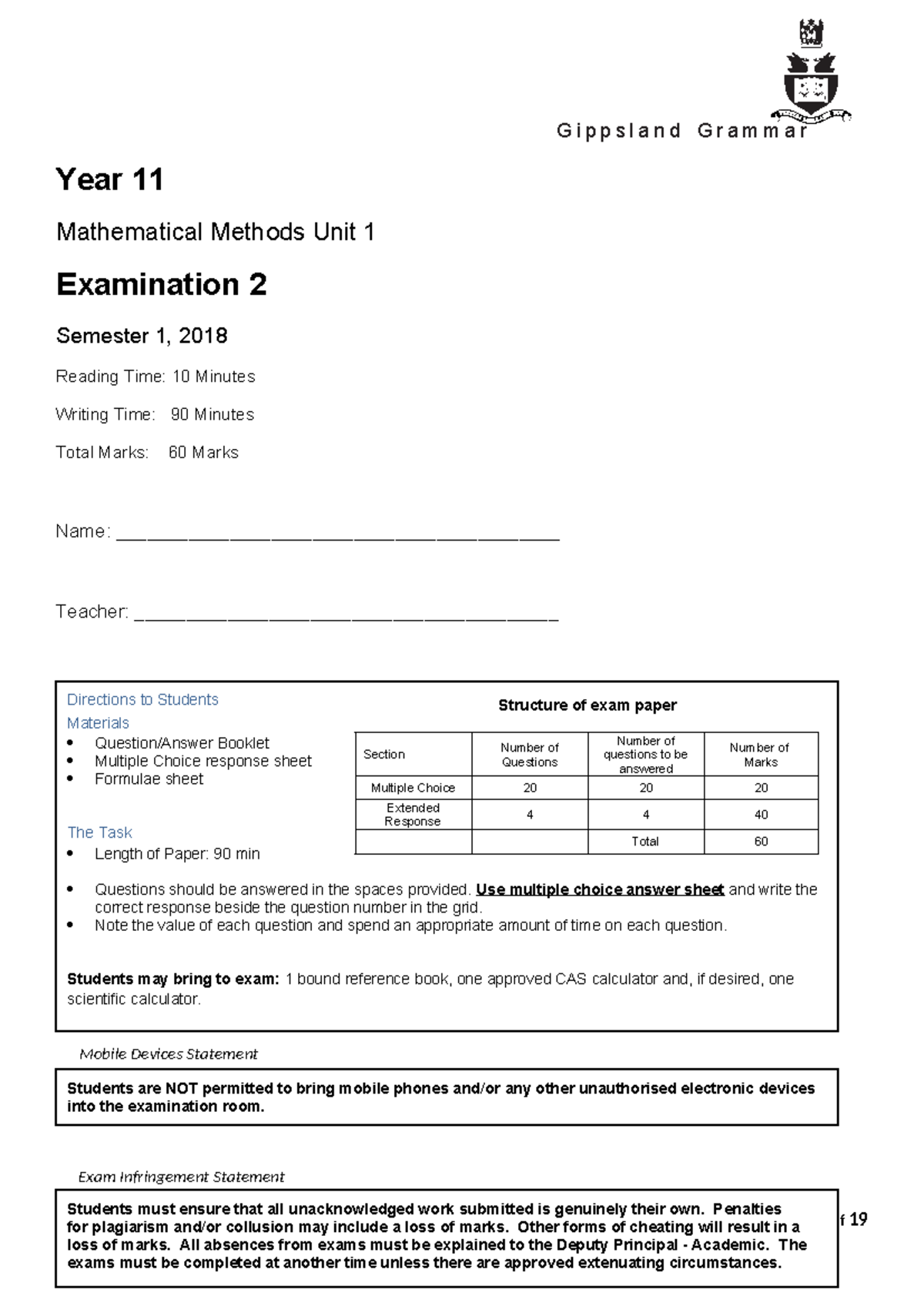 Gippsland Grammar Year 11 Mathematical Methods Unit 1 Exam 2 Semester 1 ...