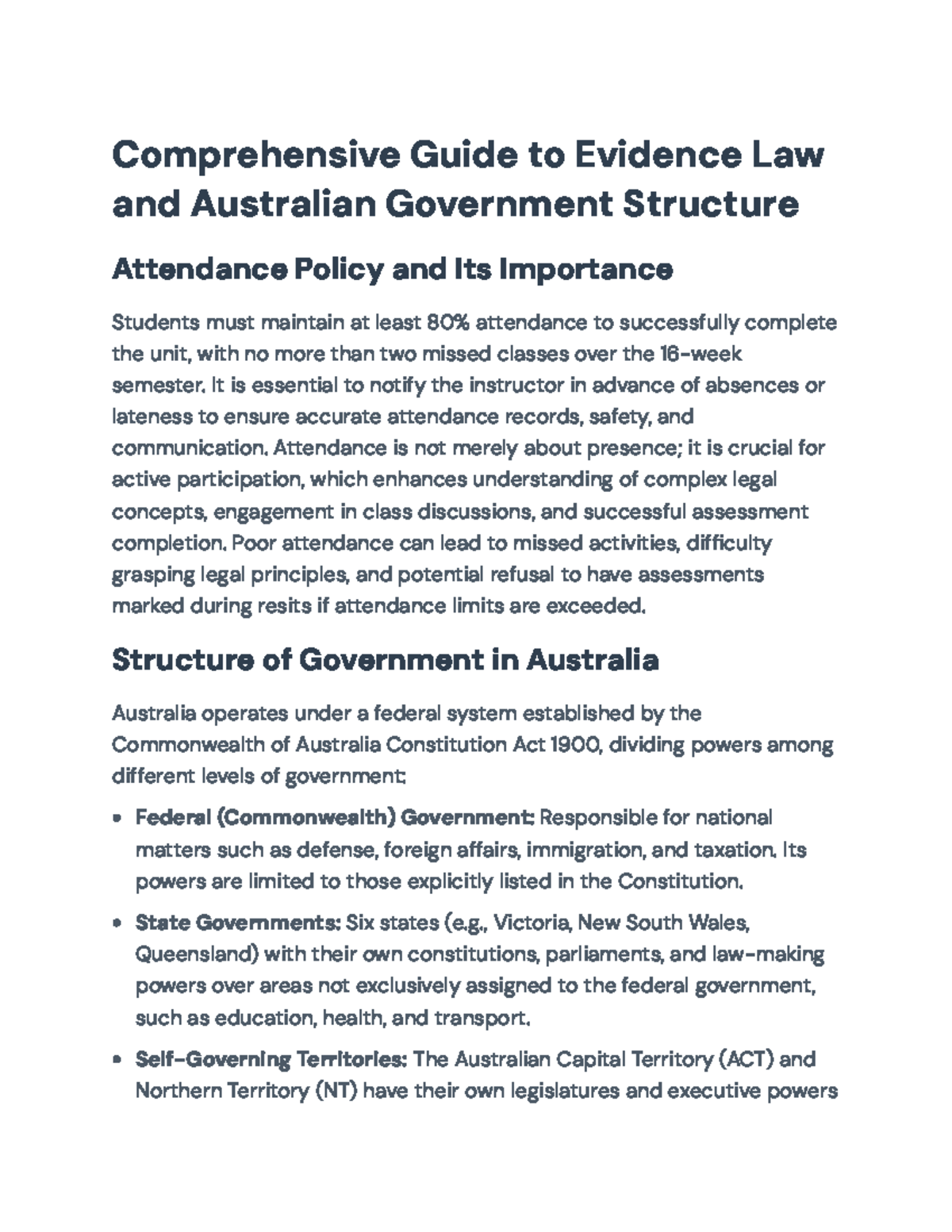 Comprehensive Guide to Evidence Law & Australian Gov Structure - Studocu