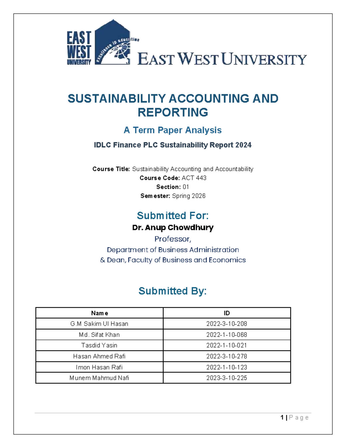 ACT 443: Term Paper on Sustainability Accounting in IDLC Finance PLC ...