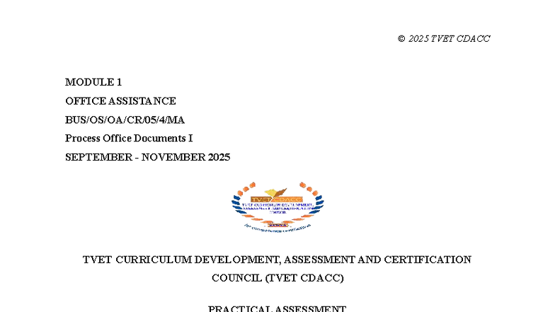 2025 TVET CDACC Module 1: Office Assistance Practical Assessment Guide ...