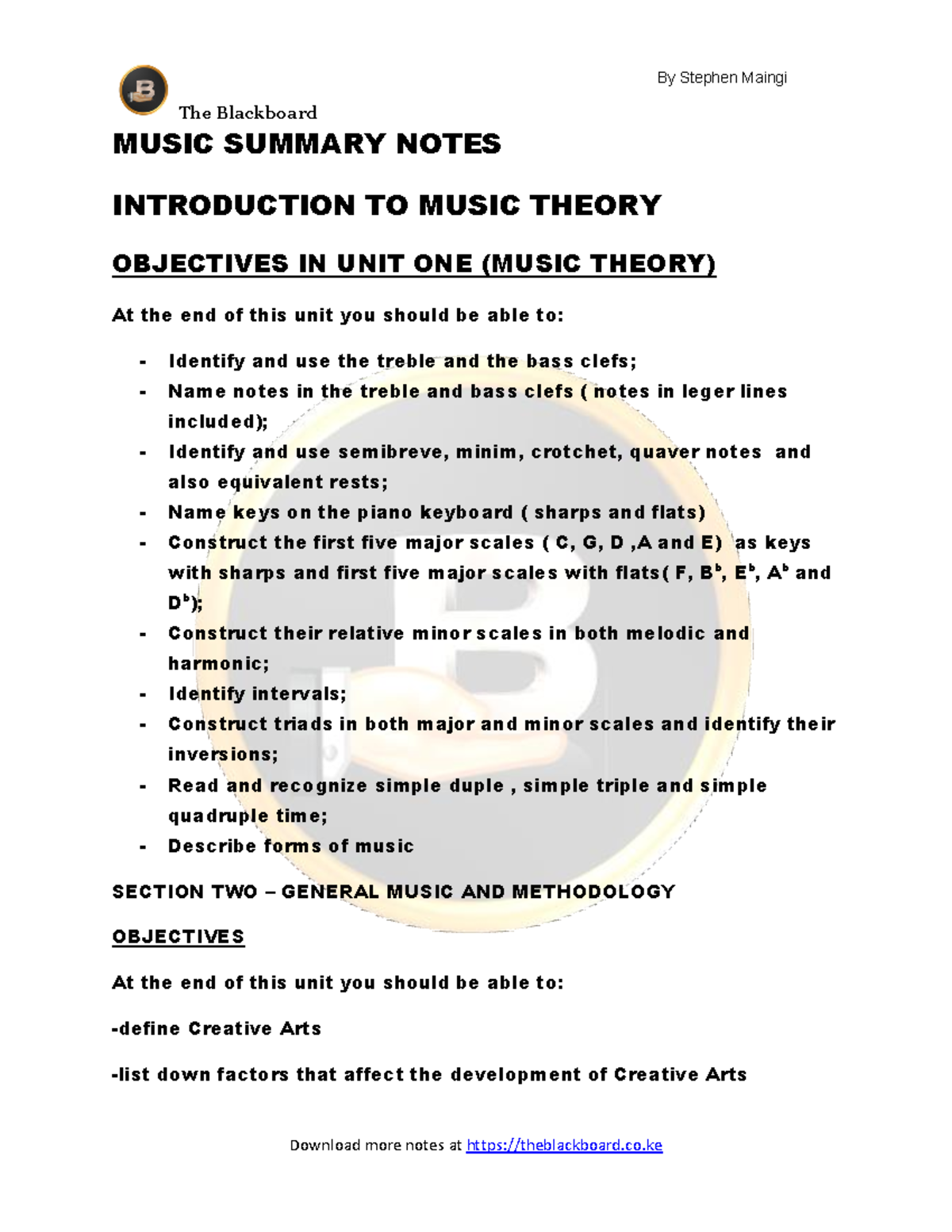 Music Theory Summary Notes (Course Code: MUSIC101) - Studocu
