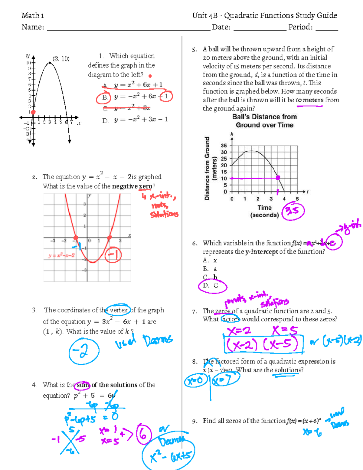 Math 1 Unit 4B Final Exam Study Guide on Quadratic Functions - Studocu