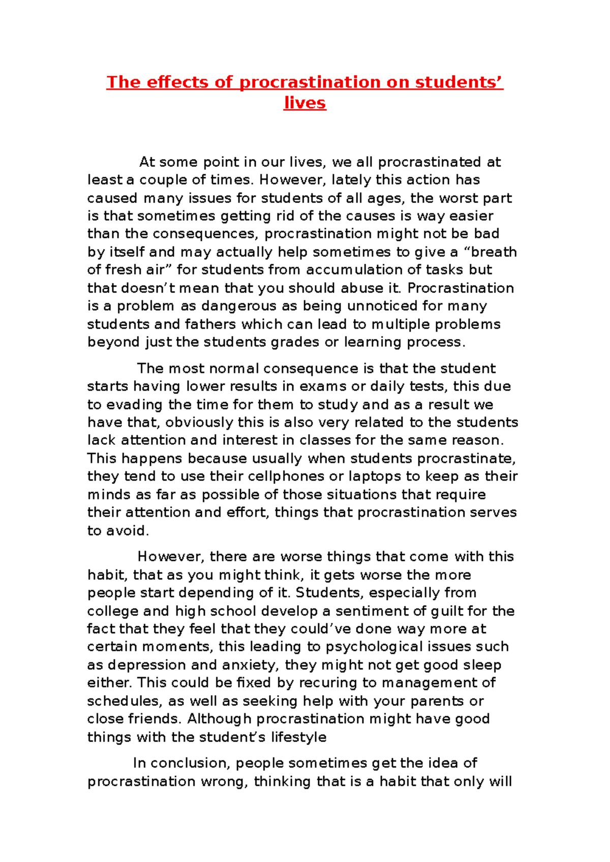 The Effects of Procrastination on Student Lives - A12 Essay Notes - Studocu