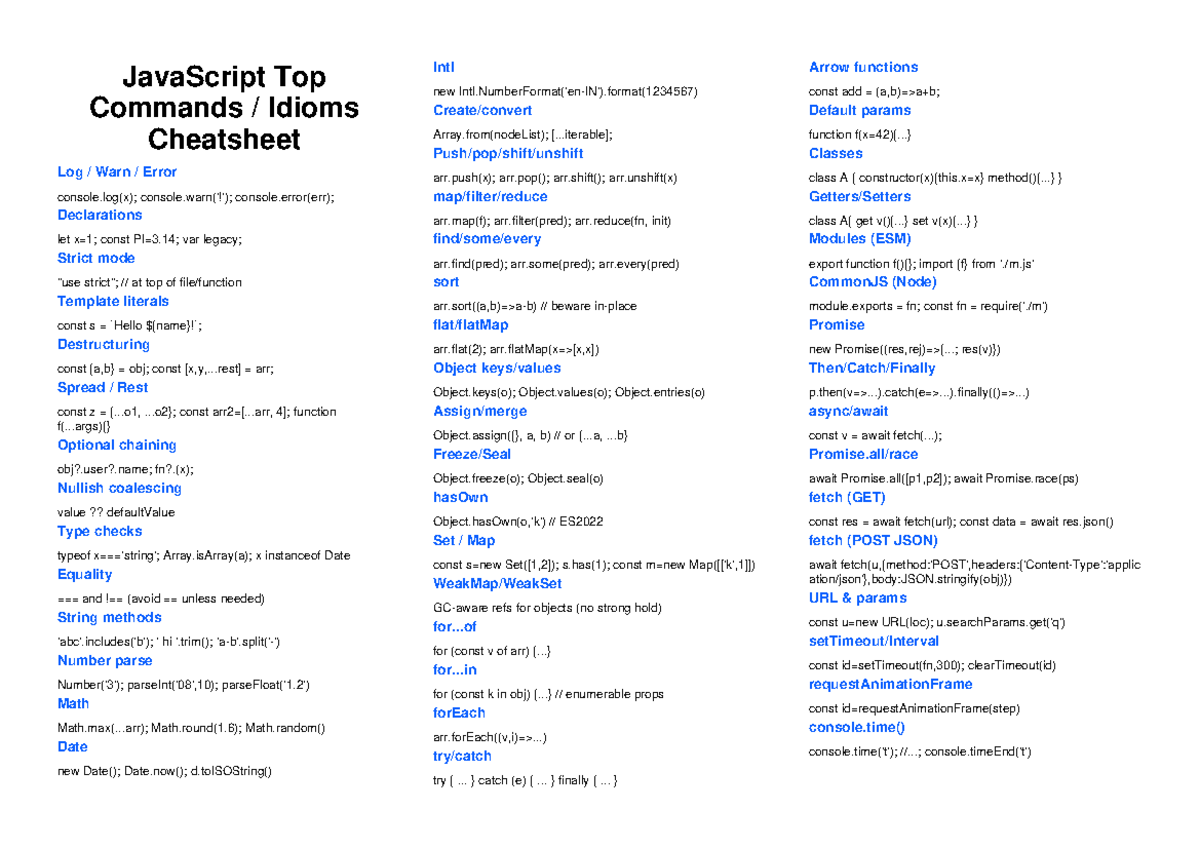 Javascript Top Commands Cheatsheet (ES2022) - Studocu