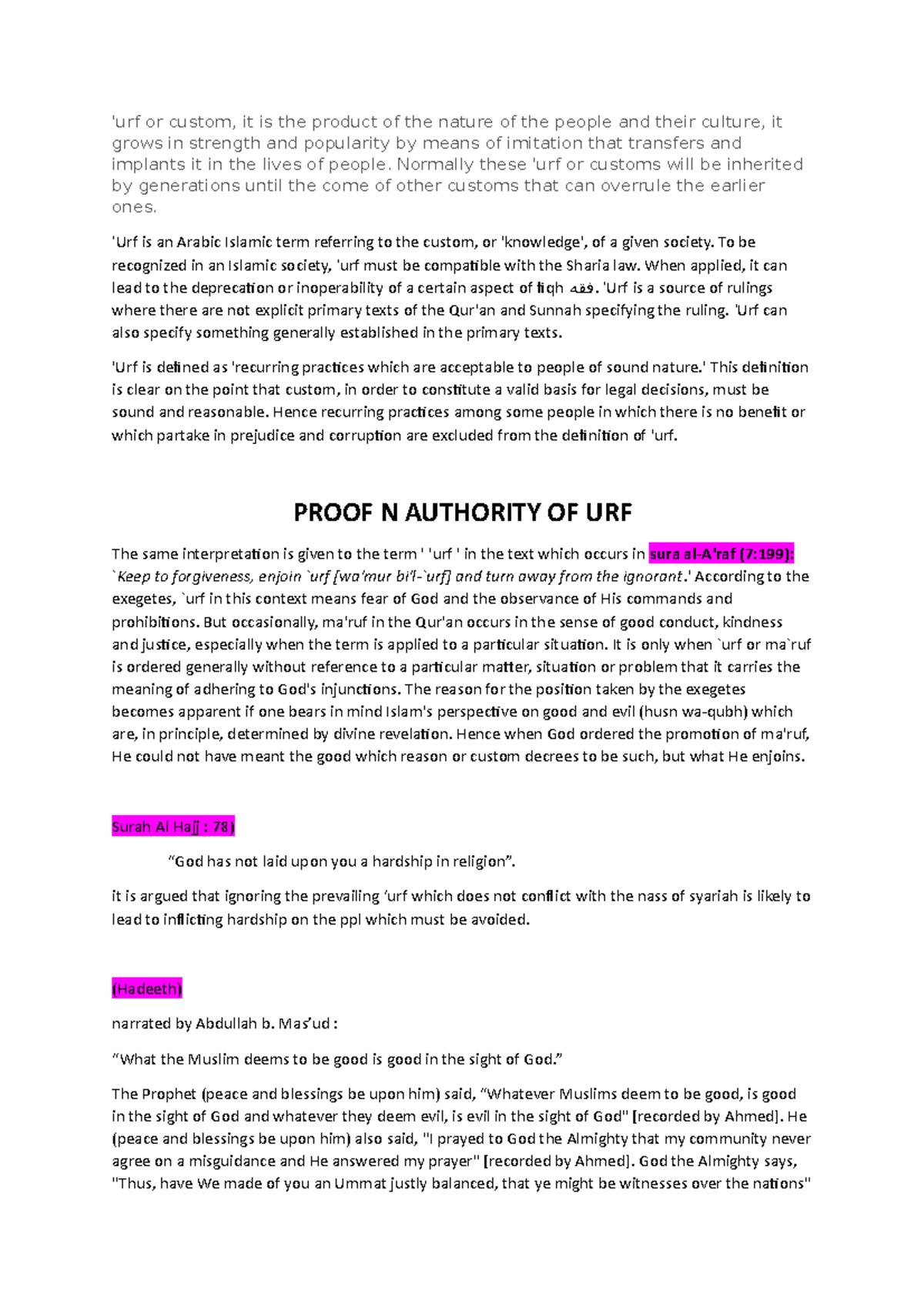 Custom in Islam: Understanding 'Urf - EX CHP 6 URF - Studocu