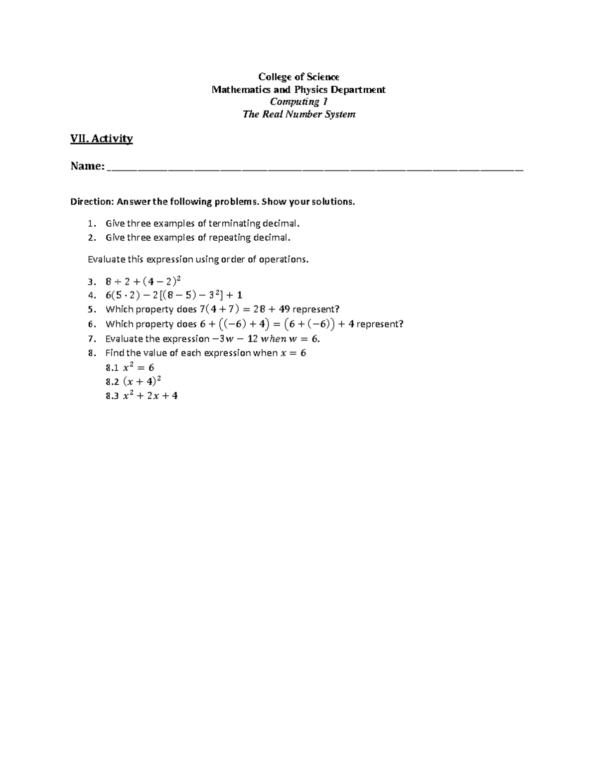 Activity The-Real-Number-System - College of Science Mathematics and ...