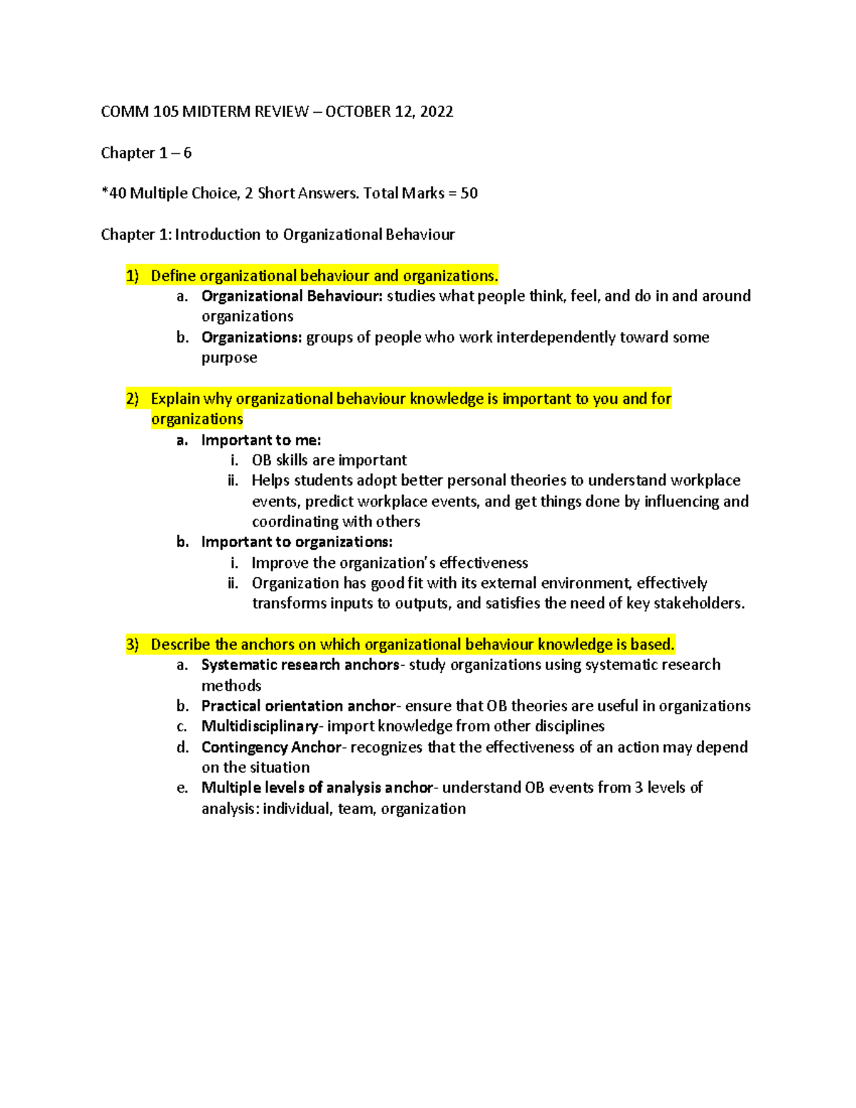 COMM 105 Midterm Review Notes: Chapters 1-6 Summary and Key Concepts ...