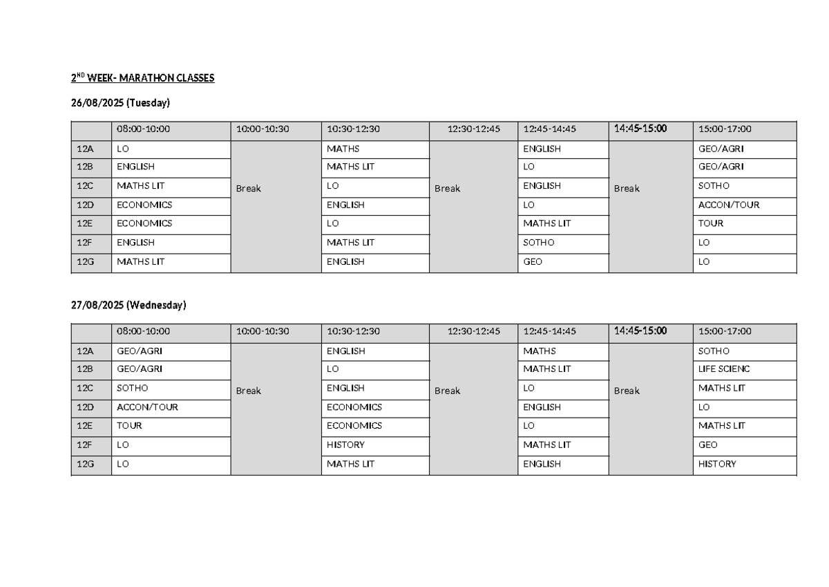 WEEK 2 - Marathon Classes Schedule (2025) - Studocu