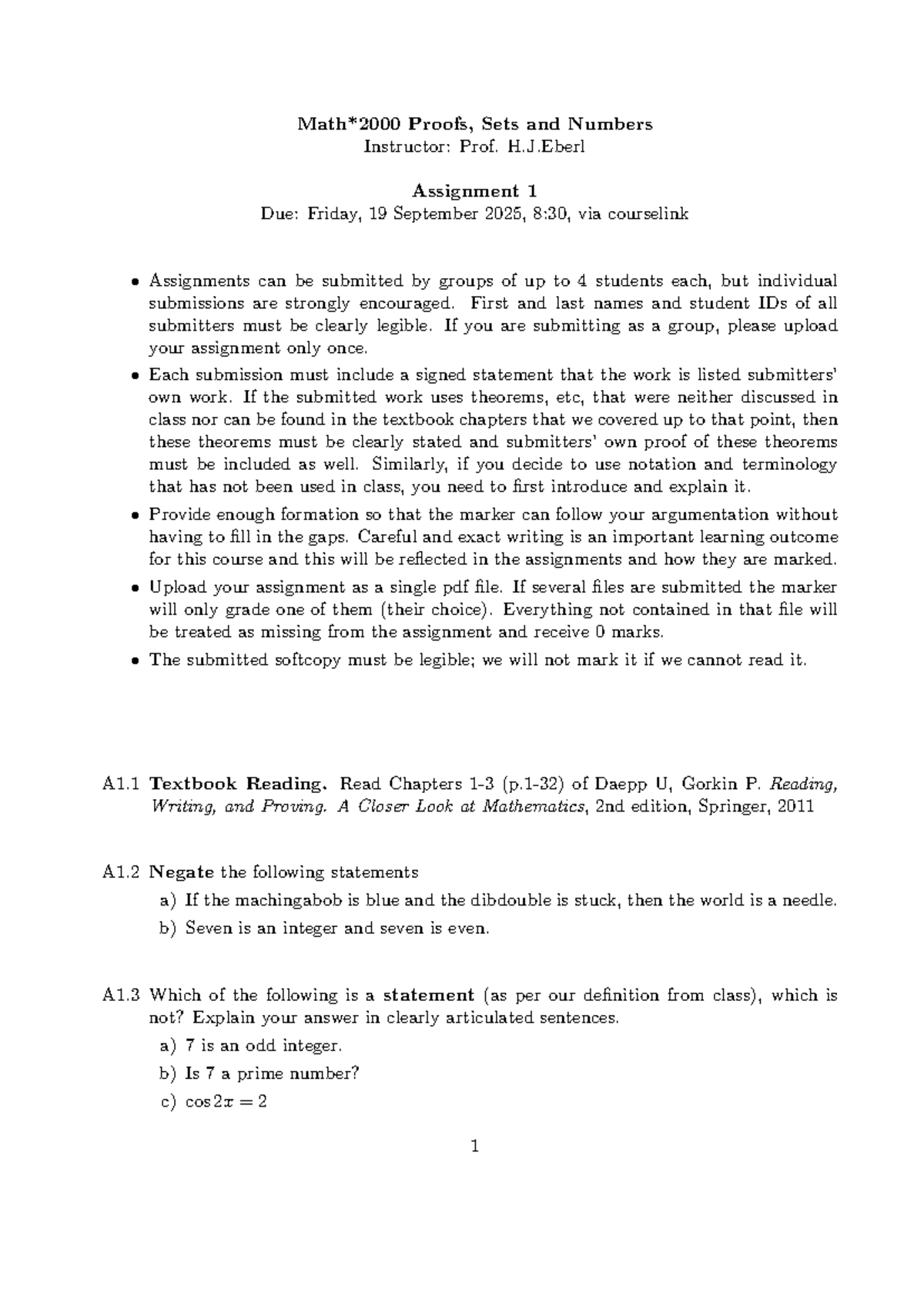 M 2000-A1: Proofs, Sets, and Numbers Assignment 1 Guidelines - Studocu