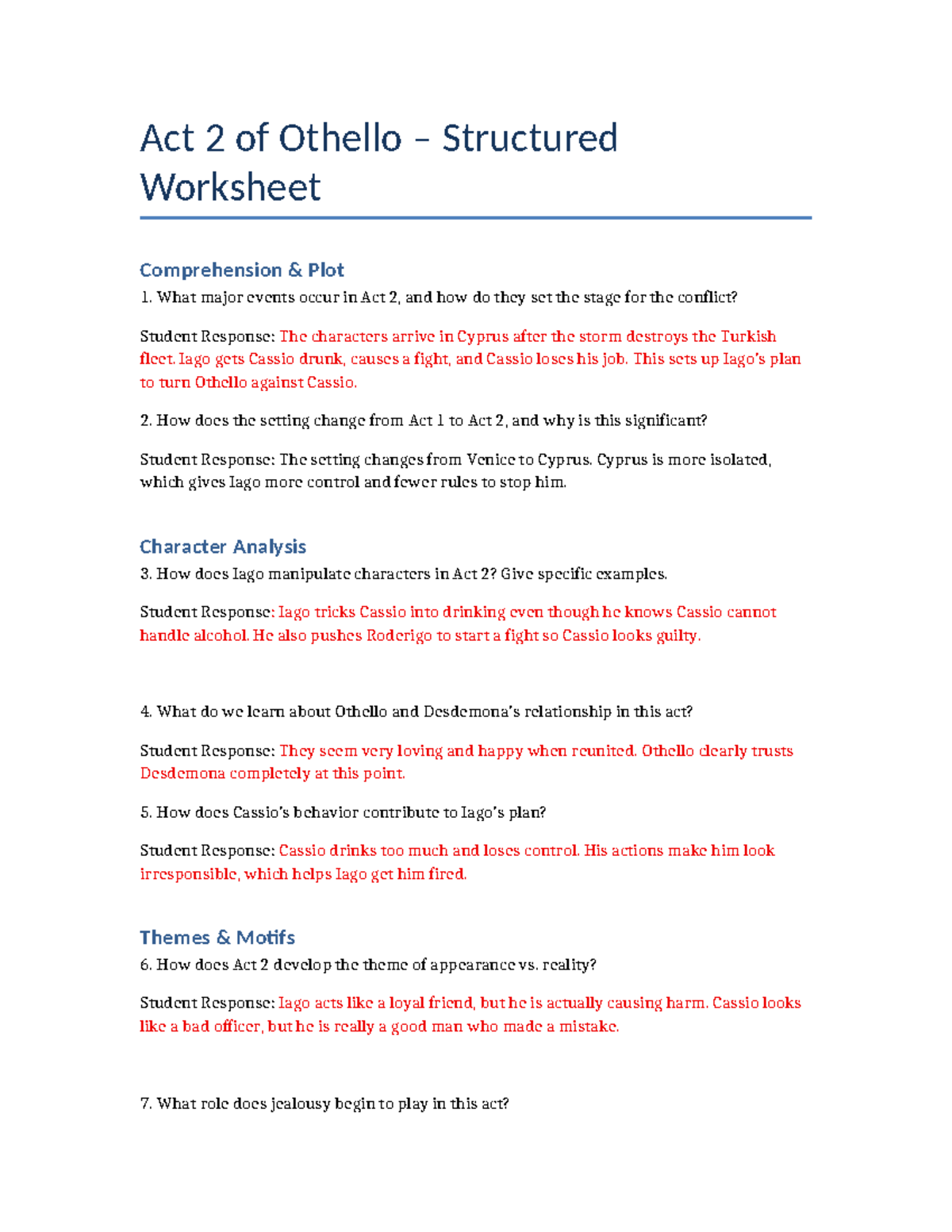 Othello (ENG 201) Act 2 Worksheet: Key Events & Character Analysis ...