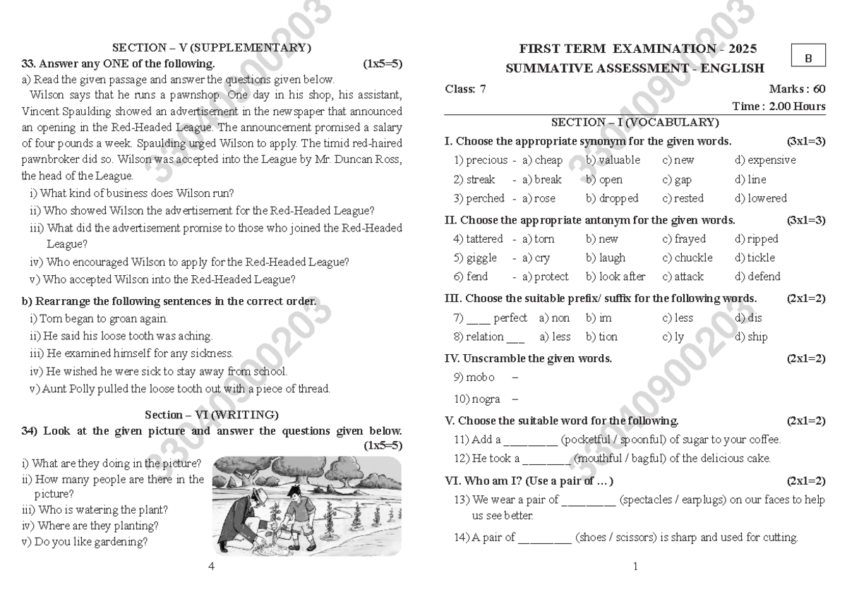 Class 7 English First Term Exam 2025 - Summative Assessment QP - Studocu