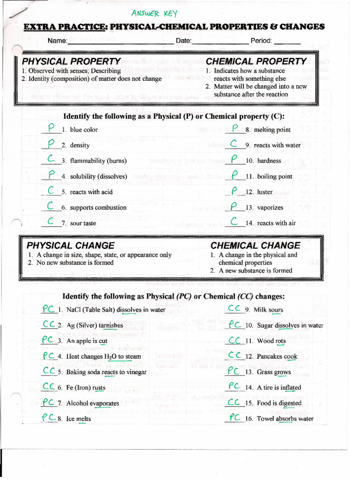 Extra Practice: Physical-Chemical Properties Changes - Answer Key - Studocu