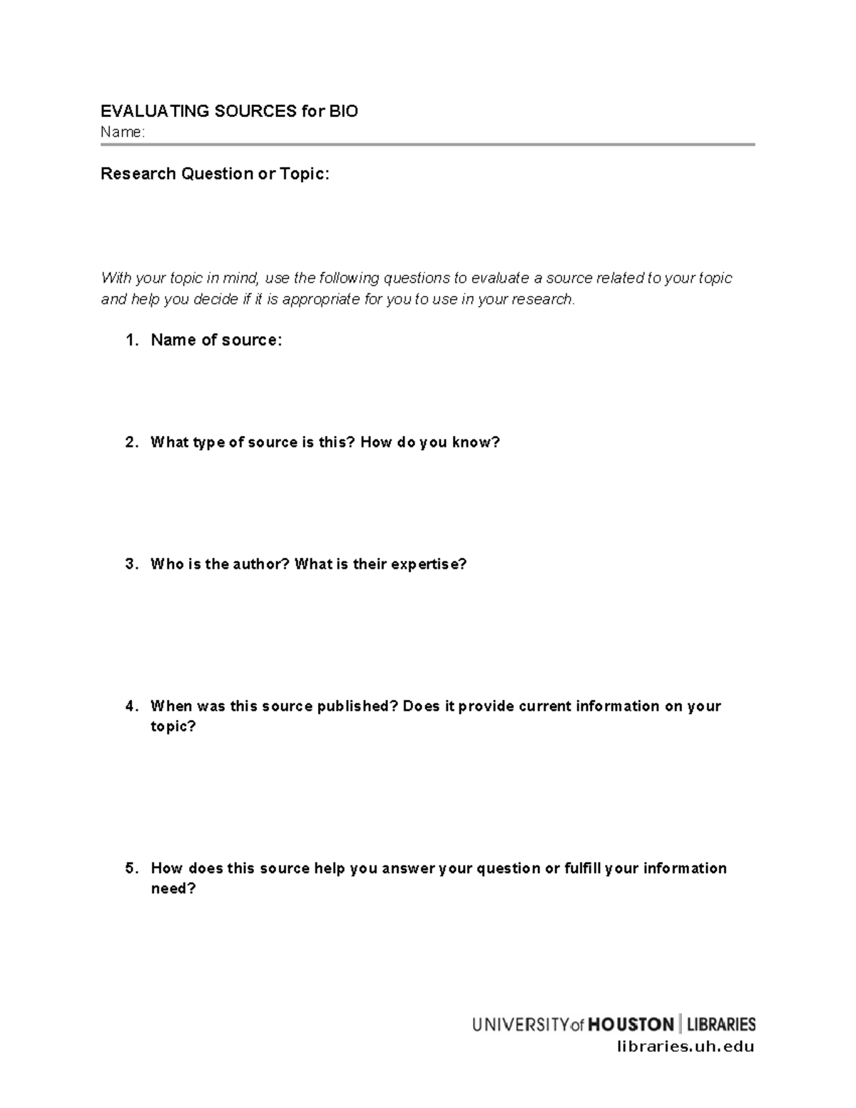 Evaluating Sources - Worksheet - EVALUATING SOURCES for BIO Name ...