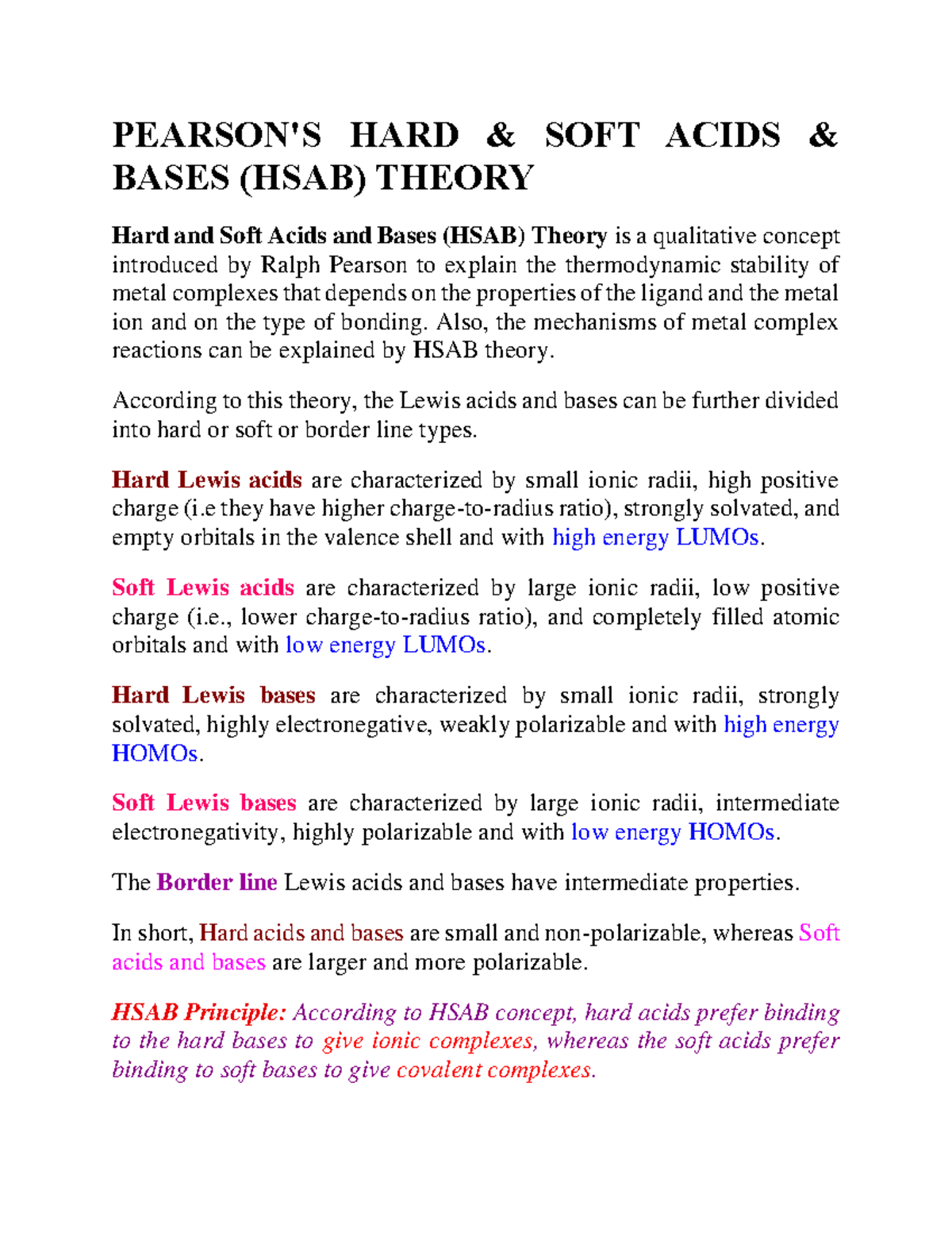 HSAB theory - study well - PEARSON'S HARD & SOFT ACIDS & BASES (HSAB ...