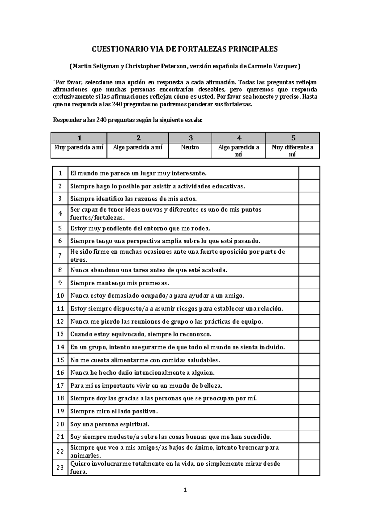 Cuestionario VIA de Fortalezas Personales - Versión Española - Studocu