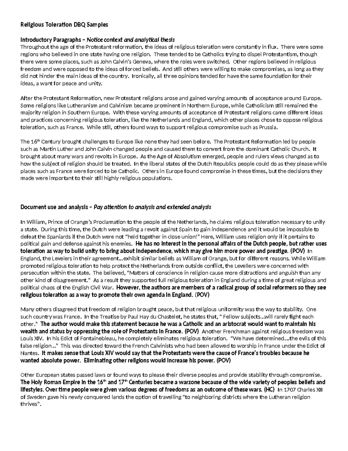 Religious Toleration DBQ Samples - Religious Toleration DBQ Samples ...