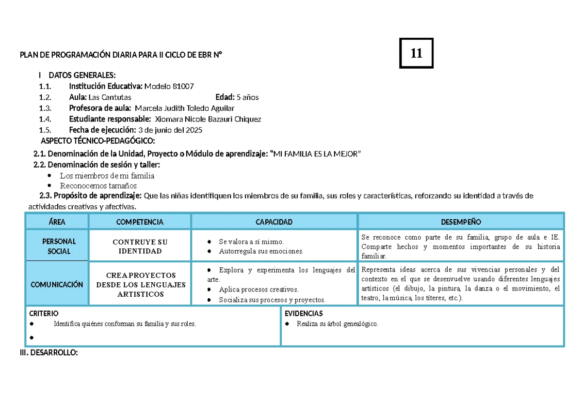 PLAN DE PROGRAMACIÓN DIARIA II CICLO EBR 11: FAMILIA Y APRENDIZAJE ...