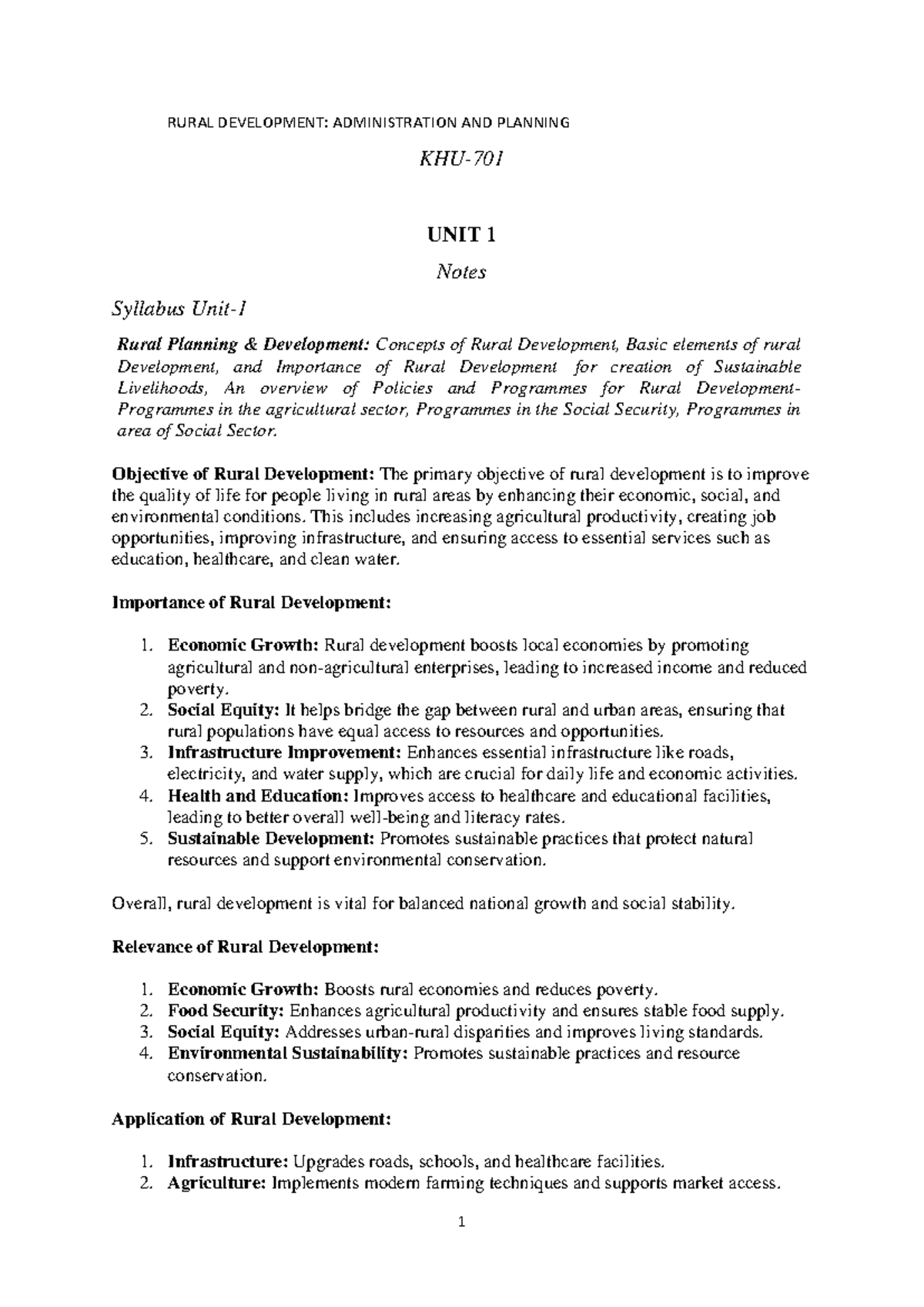 KHU - Unit 1 Notes on Rural Development: Key Concepts & Policies - Studocu