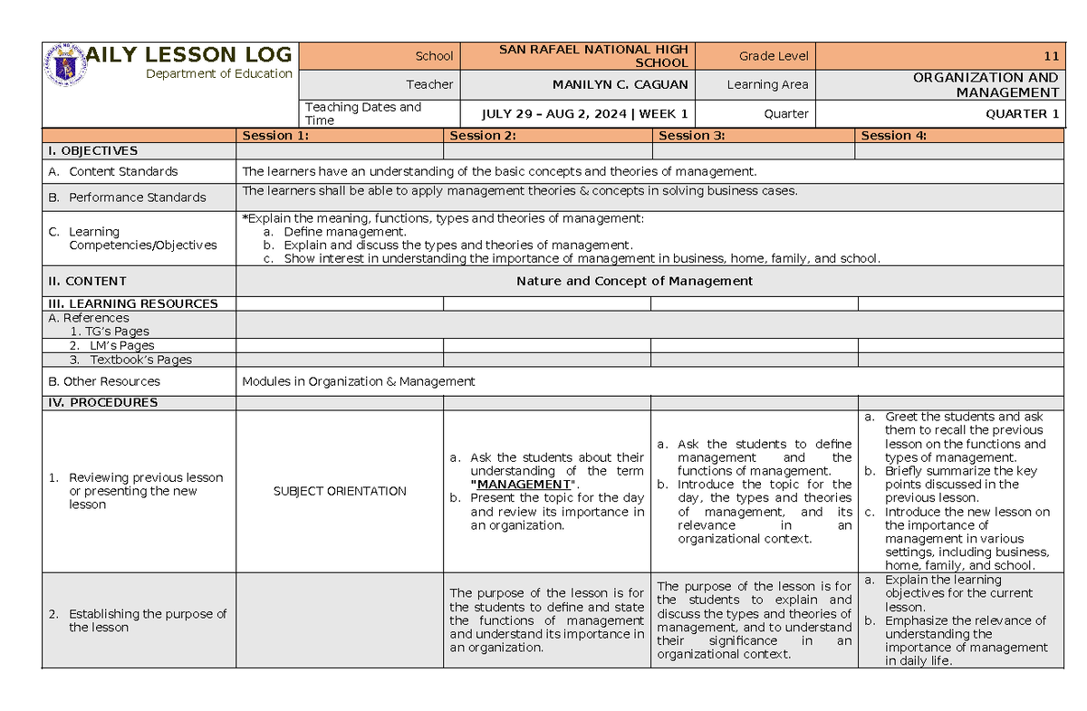 OM Q1 W1 - Comprehensive Lesson Plan for Organization and Management ...