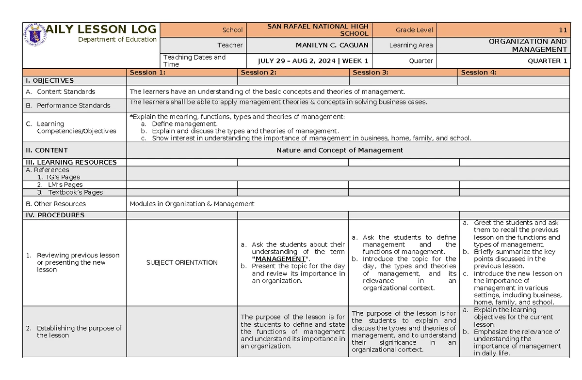 OM Q1 WEEK 2 - Lesson Plan for Organization and Management - Studocu