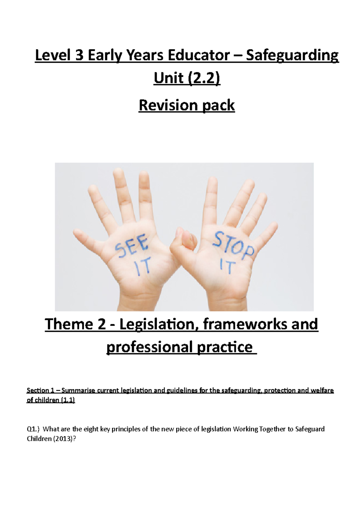 Level 3 Early Years - Safeguarding Revision Pack and Guidelines - Studocu