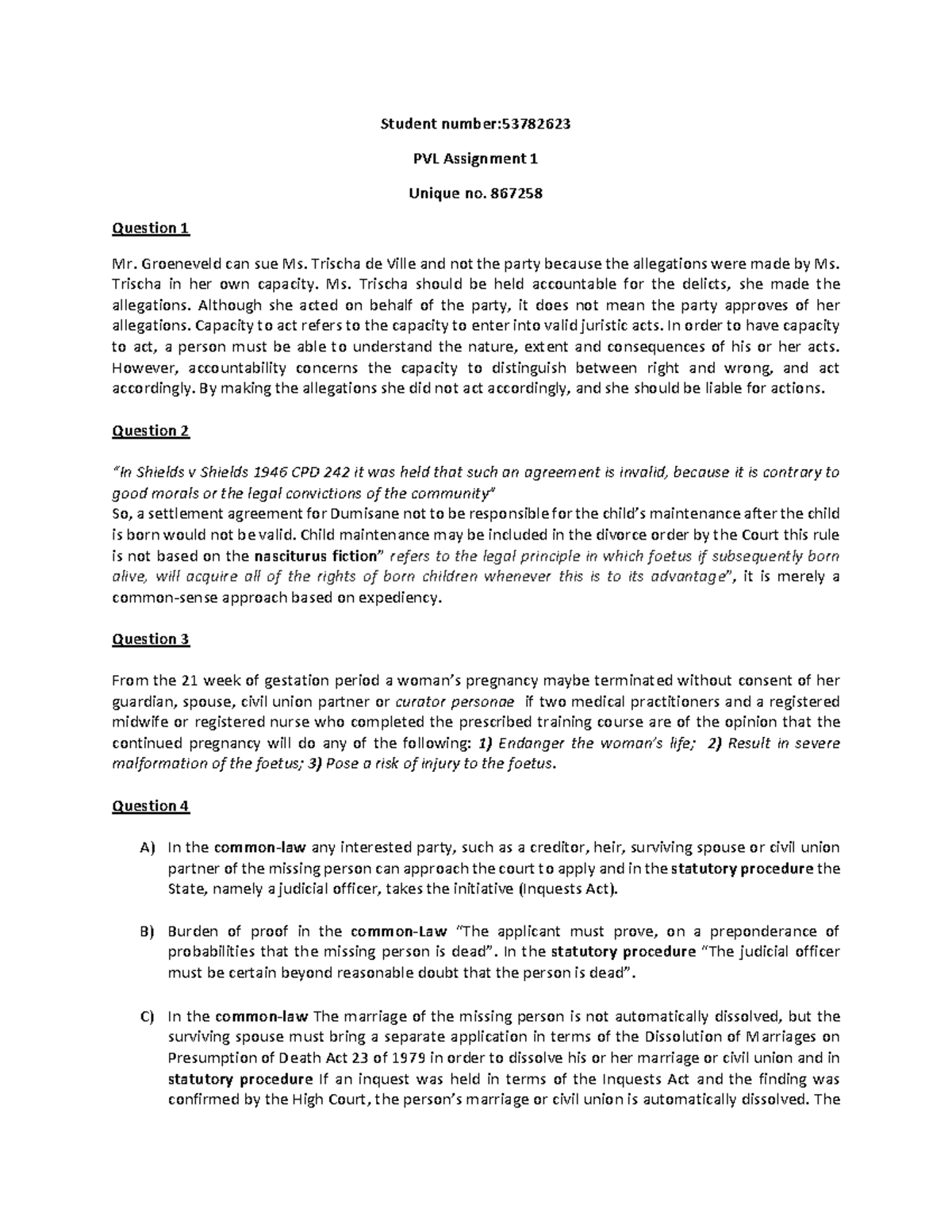 Law of Persons PVL 1501 867258 - Student number: PVL Assignment 1 Unique no. 867258 Question 1 ...