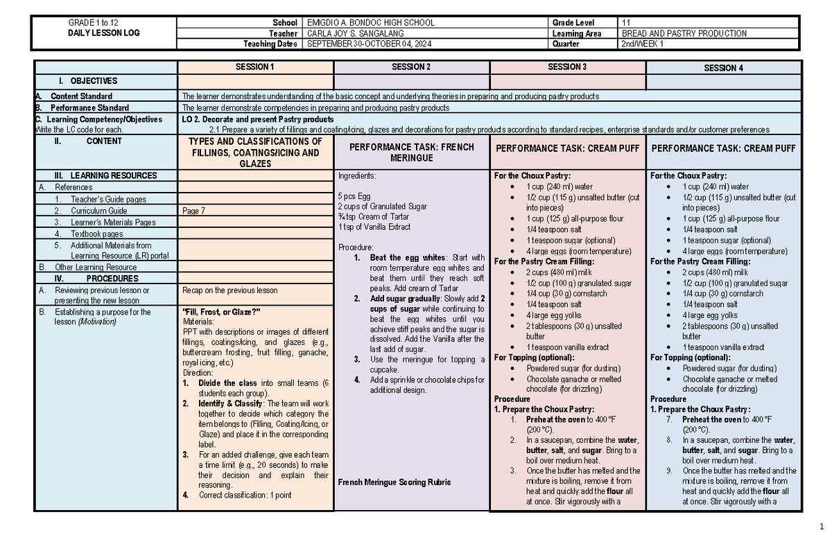 Daily Lesson Log 1ST WEEK - SESSION 1 SESSION 2 SESSION 3 SESSION 4 I. OBJECTIVES A. Content ...