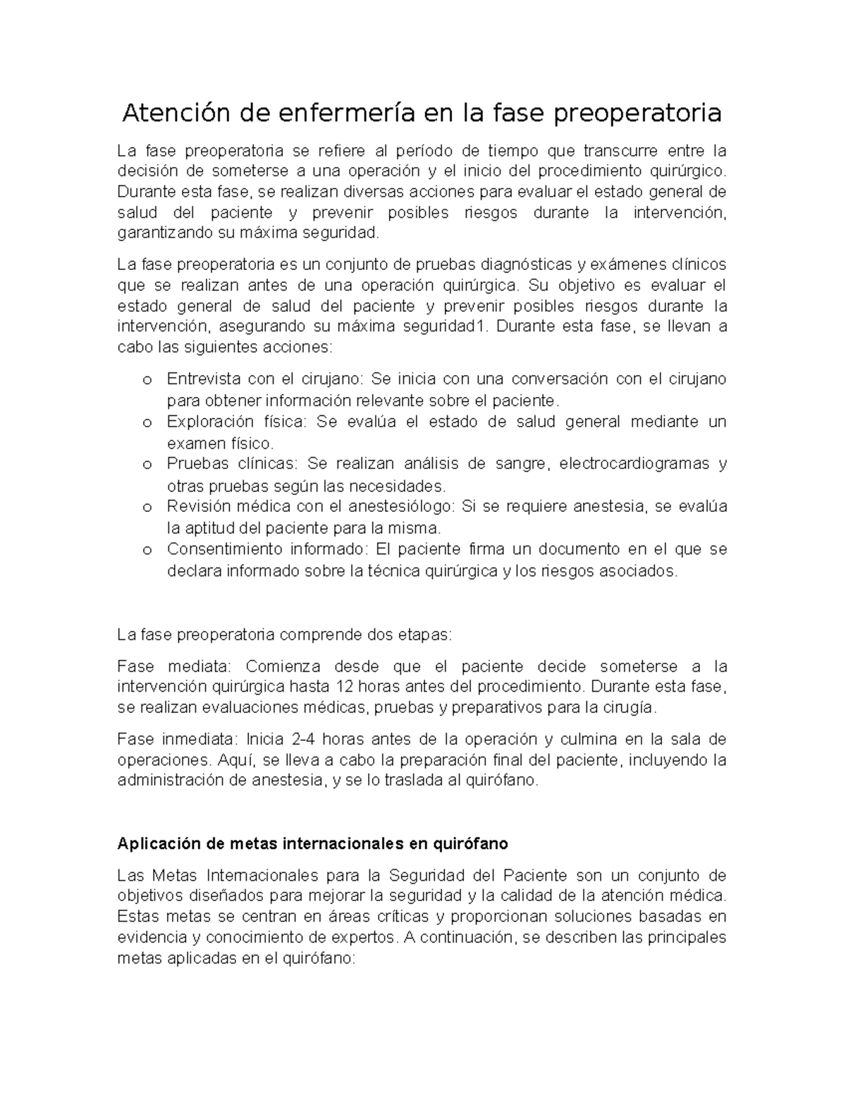 Atención de Enfermería en la Fase Preoperatoria: Protocolo y Procedimientos - Studocu