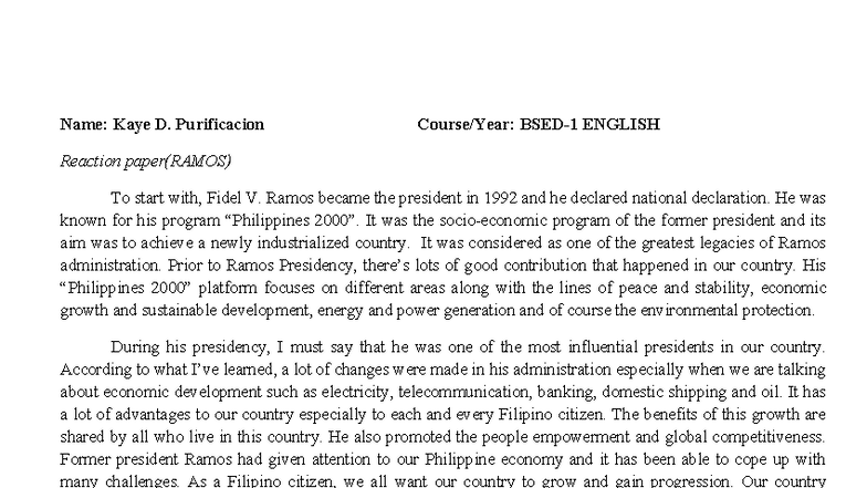 BSED 1 English Reaction Paper on President Ramos' Legacy - Studocu