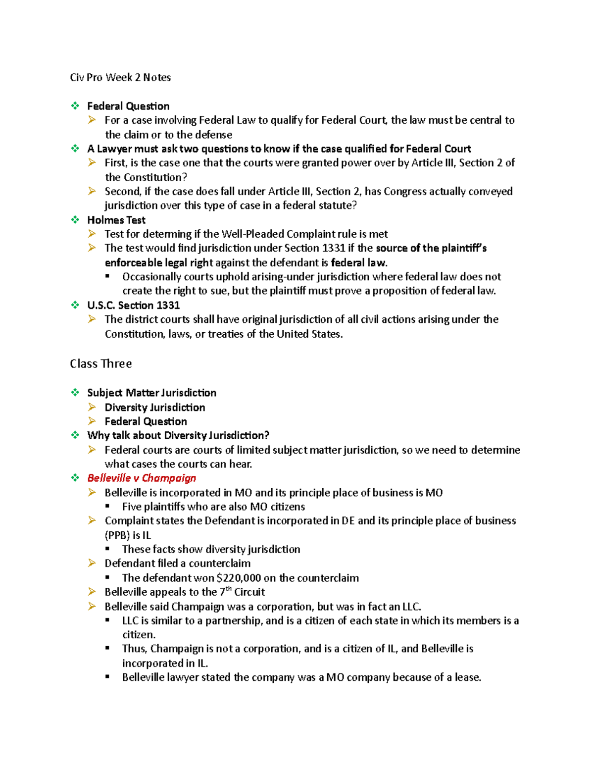 Civ Pro Week 2 Notes - Civ Pro Week 2 Notes Federal Question For a case ...