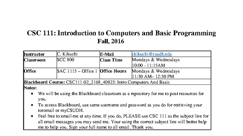 CSC 111 Syllabus: Intro to Computers & Basic Programming - Fall 2016 - Studocu